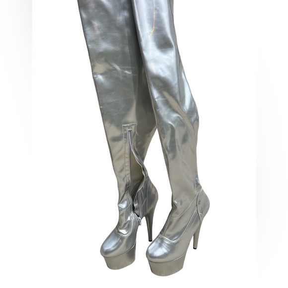 Pleaser | Shoes | Adore 300 Silver Hologram Thigh High Platform Boots ...